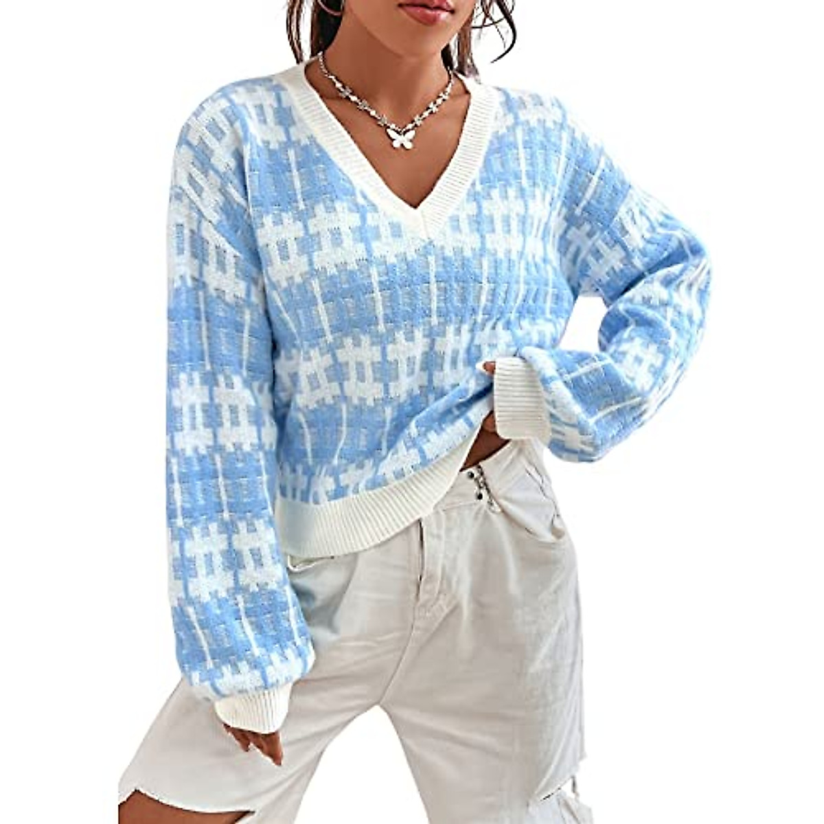 WDIRARA Women's Plaid Pattern V-Neck Long Sleeve Drop Shoulder Pullovers Sweater Blue M