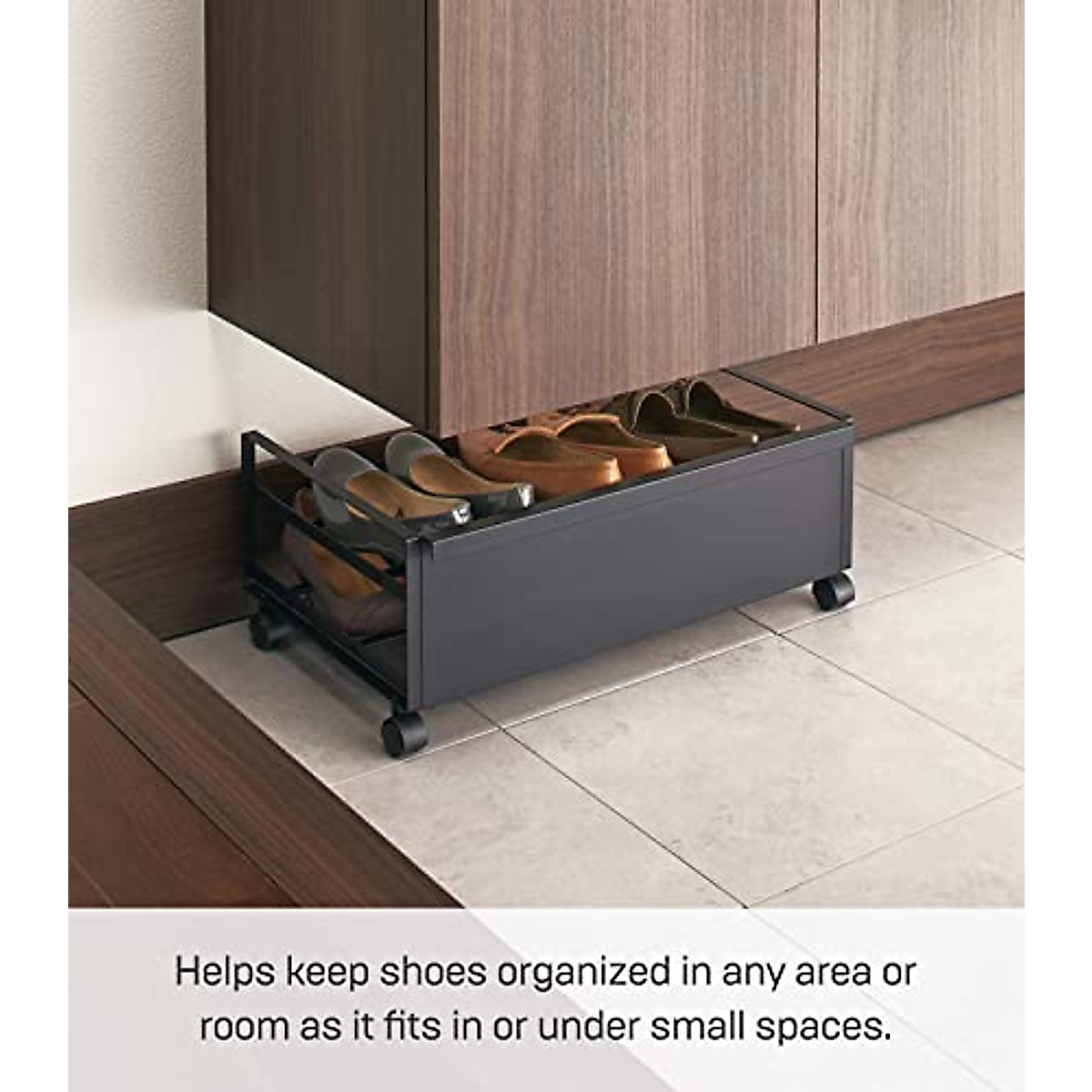 Yamazaki Home Frame Rolling Shoe Rack, Compact Entryway Or Bedroom Metal Shoe Organizer With Wheels, Steel - Holds 4 Shoes, 6 Heels