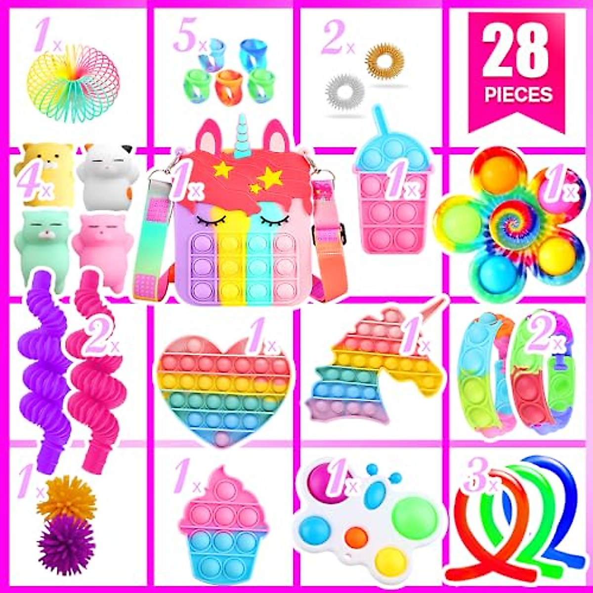 SUNNERLY Fidget Toys, 28 Pack Sensory Toy Set Bulk Stocking Stuffers Carnival Treasure Box Classroom Prizes Gifts Party Favors for Kids Adults Boys Girls, Stress Relief Anxiety Relief Autism Autistic