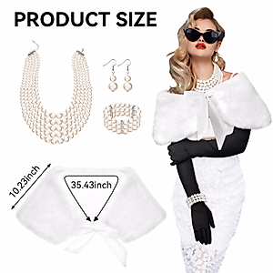 Hoosige 7 Pcs 1920s Flapper Costume Accessory for Women Vintage 1950s Accessory Faux Fur Shawl with Sunglasses Pearl Strand Necklace Tiara Long Black Gloves for Halloween Cosplay Costume