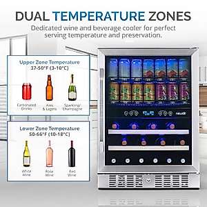 NewAir 24" Wine and Beverage Refrigerator Cooler, 20 Bottle and 70 Can Capacity, Built-in or Freestanding Dual Zone Fridge in Stainless Steel with Splitshelf