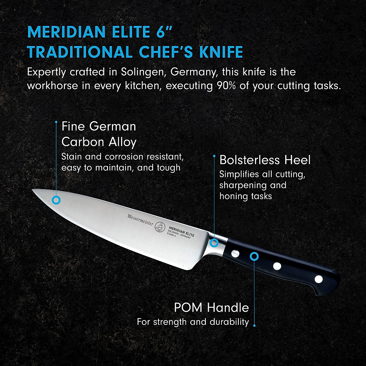 Messermeister Meridian Elite 6” Traditional Chef’s Knife - Fine German Steel Alloy Blade - Rust Resistant & Easy to Maintain