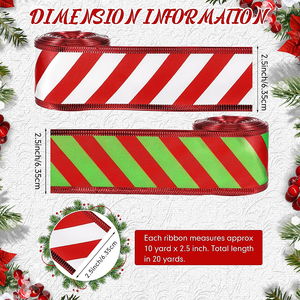 Hanaive 2 Rolls Ribbons for Christmas Tree Wired Ribbon Satin Stripes Edge Wrapping for Crafts DIY Gift Party Garden Home Garland Bows Ornament Decor(2.5 Inch x 10 Yards,Red Green, Red White)