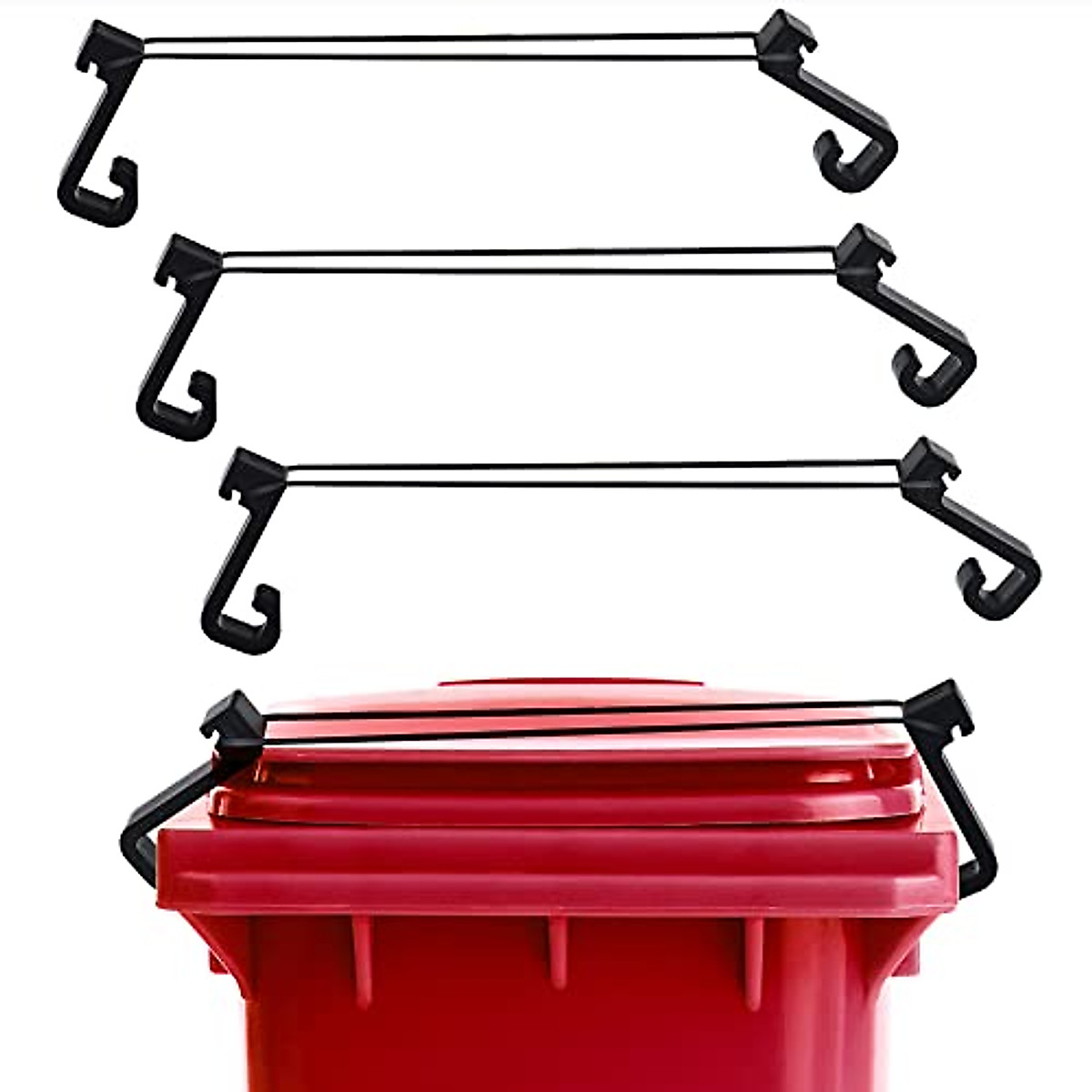 [3 Pack] Trash Can Locks for Animals - Trash Can Lid Lock for Wildlife & Raccoon Proof Garbage Cans - Keeps Outdoor Bins Secure - Fits Circular & Hinged Lids - 6 Trash Can Clips & 6 Heavy Duty Bands