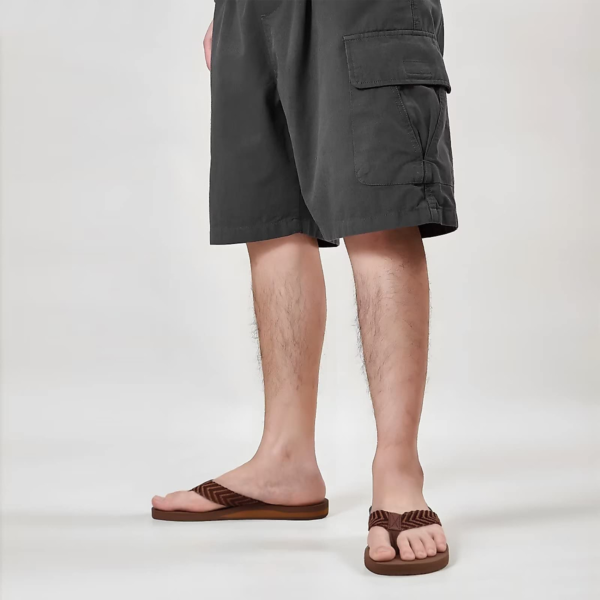 KuaiLu Men's Yoga Mat Leather Flip Flops Thong Sandals with Arch Support Khaki Brown Size 10