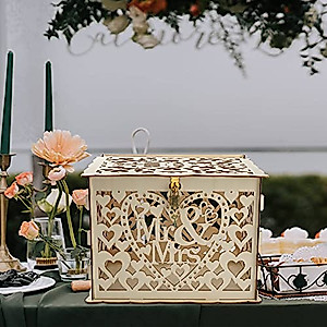 YOUEON Wood Wedding Card Box with Lock and Cards Sign, Card Box for Wedding, Rustic Wedding Box for Cards and Money, Wedding Gift Box for Reception, Anniversary, Bridal Shower, Party (Mr & Mrs, Brown)