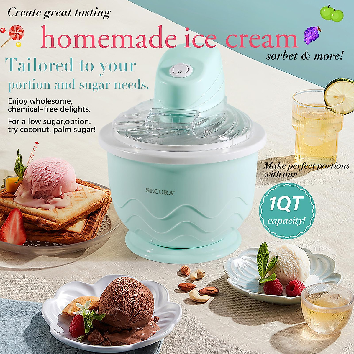 Secura Ice Cream Maker, DIY Visualization Ice Cream Machine for Gelato, Sorbet, Frozen Yogurt, Perfect for Beginners, Food Grade Safe Material, 1QT