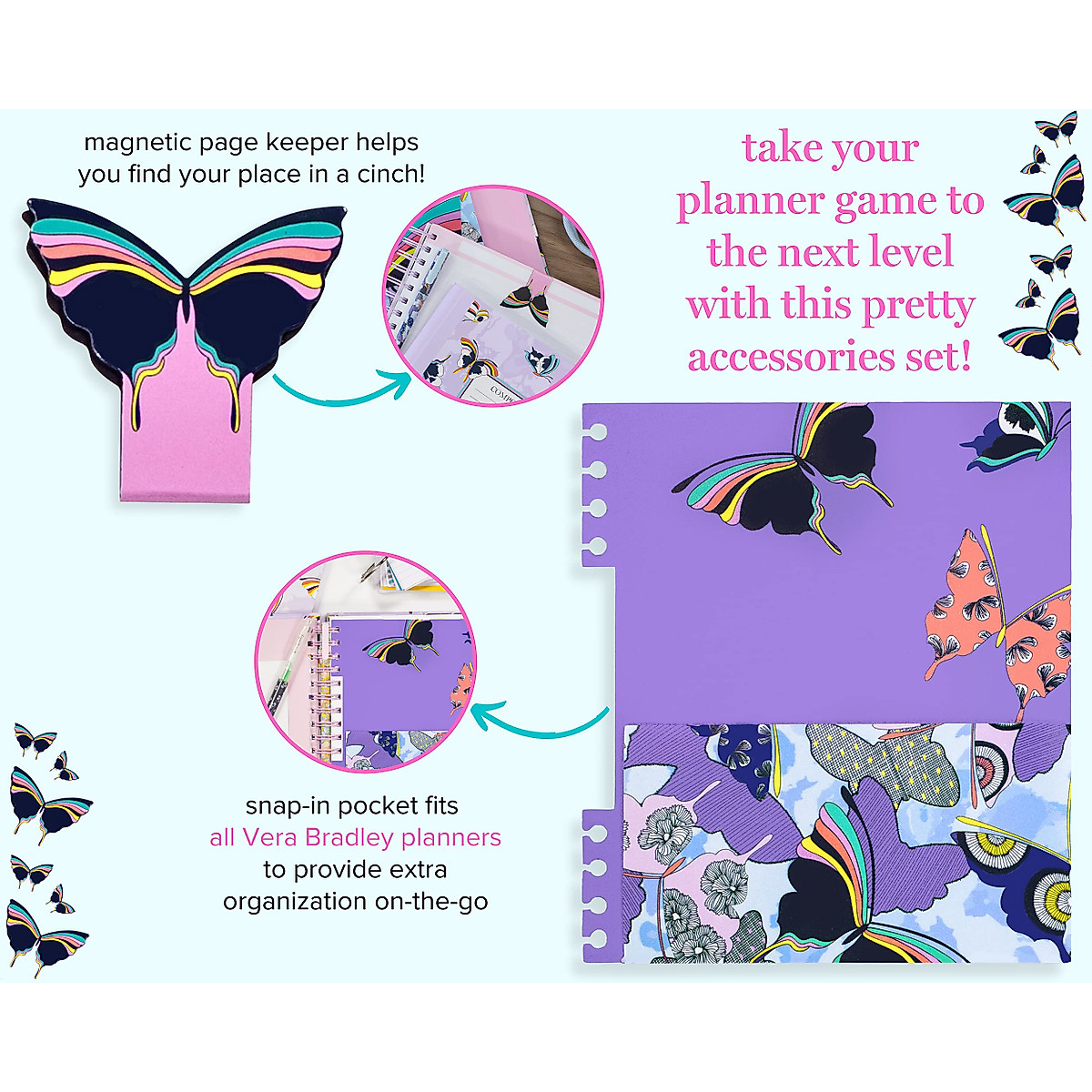 Vera Bradley Planner Accessories Pack, Fits Inside All VB Spiral Planners, Snap-In Pocket Folder with List Pad, Sticker Sheet, Gel Pen, and Magnetic Page Keeper, Butterfly By