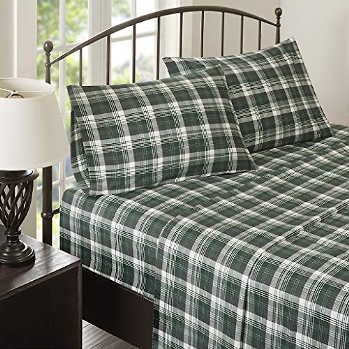 Woolrich Flannel 100% Cotton Sheet Set Warm Soft Bed Sheets with 14" Elastic Pocket, Cabin Lifestyle, Cold Season Cozy Bedding Set, Matching Pillow Case, Queen, Green Plaid, 4 Piece