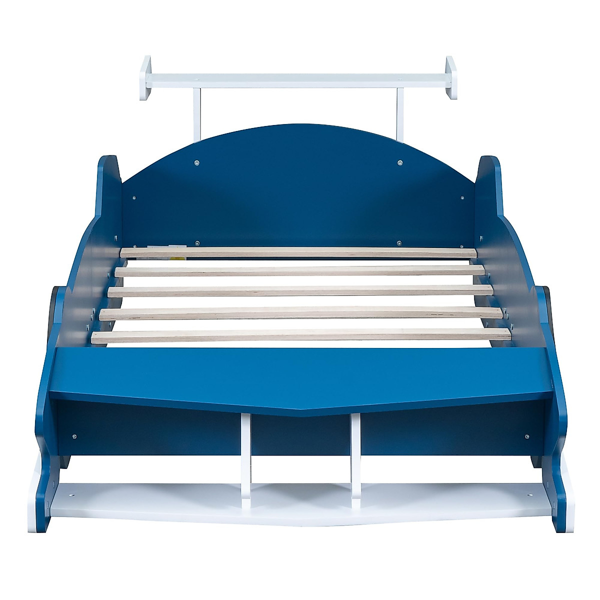 Bellemave Twin Size Race Car Bed for Kids,Wood Car-Shaped Platform Bed with Storage Shelves,Car Bed Twin with Wheels for Boys,Girls,(Twin,Blue)