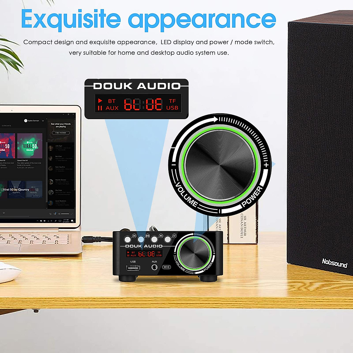 Douk Audio 120W Mini Bluetooth 5.0 Power Amplifier 2.0 Channel Hi-Fi Stereo Class D Audio Amp Wireless Receiver TF USB Home Speaker (Upgrade Version) (Black)