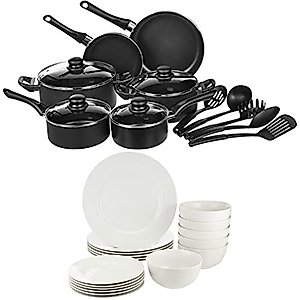 Amazon Basics Non-Stick Cookware Set, Pots, Pans and Utensils - 15-Piece Set & 18-Piece Kitchen Dinnerware Set, Dishes, Bowls, Service for 6, White