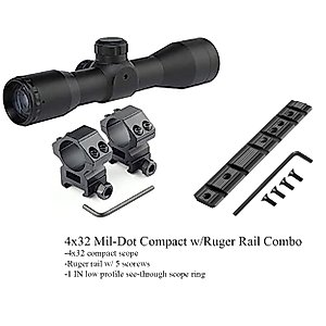 GOTICAL Ruger 10/22 and 3/8" Tactical 4x32 Compact Scope Rangefinder Reticle Hunting Riflescopes Cross-Hair Reticle and Ruger 10/22 Weaver and 3/8" Predrilled Receiver