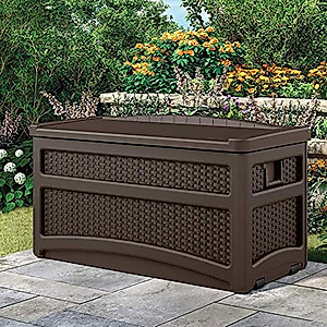 Suncast 73 Gallon Deck Box & Wicker Trash Hideaway Outdoor Garbage Bin, Java