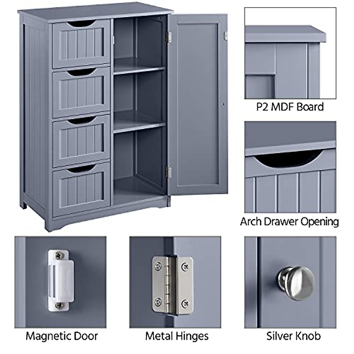 Yaheetech Bathroom Floor Cabinet, Freestanding Storage Oragnizer Unit Kitchen Cupboard W/ 4 Drawers & Adjustable Shelves, Using for Living Room/Kitchen/Bathroom, Gray
