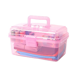BangQiao Multipurpose Plastic Storage Container Organizer Box Case with Removable Tray and Handle for Art, Craft, Sewing Supplies, Clear&Pink
