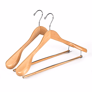 Luxury Wide Shoulder Wooden Hangers 2 Pack, with Locking Bar, Smooth Natural Finish Wood Suit Hanger Coat Hanger for Closet, Holds Upto 20lbs, 360° Swivel Hook, for Jacket, Dress Heavy Clothes Hangers