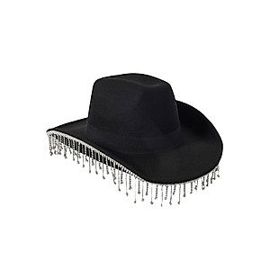 QWINEE Western Cowboy Hat Cowboy Hat with Rhinestone Tassel Decor Halloween Cow Fedora Hat Costume Accessories for Women Men Black one-Size