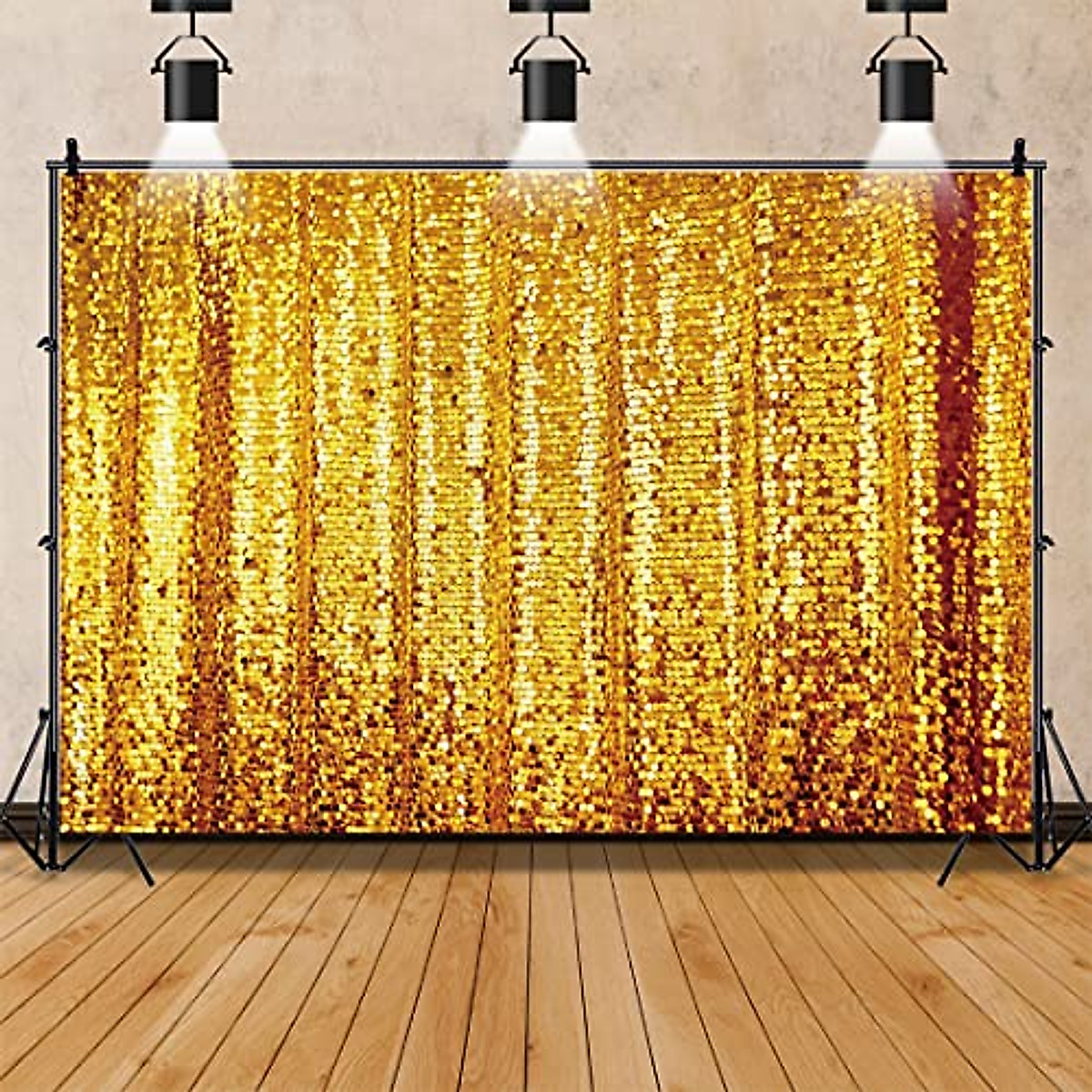Renaiss 7x5ft Golden Sequins Photo Backdrop Golden Particles Background Photography Happy Birthday Wedding Bridal Shower Decor Wallpaper Kids Adults Portrait Banner Photo Shoot Props