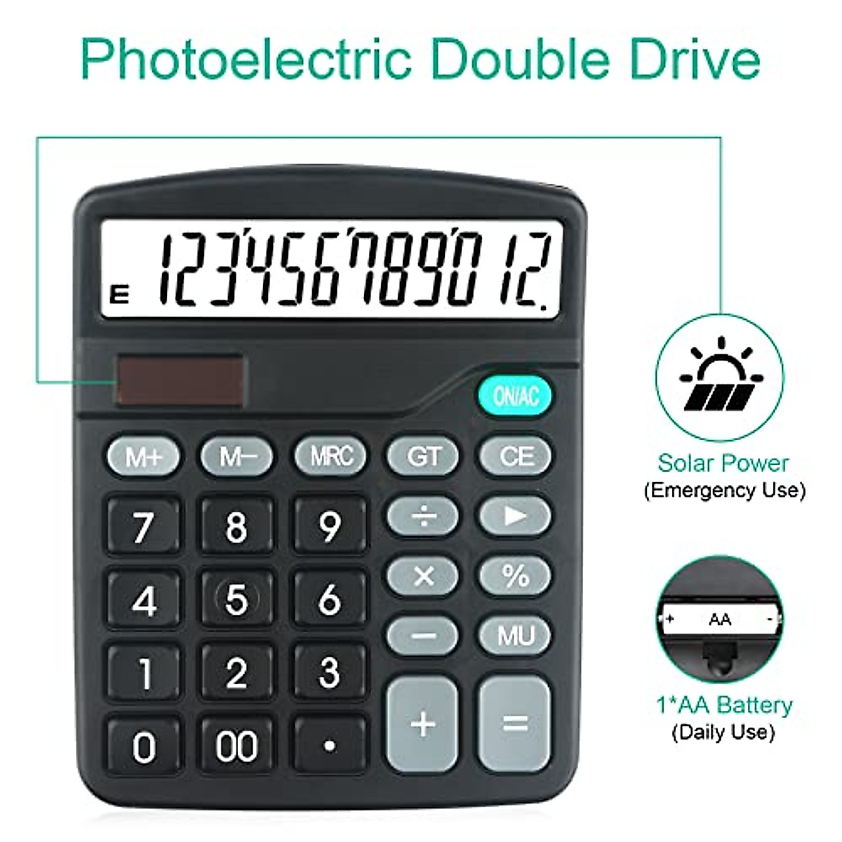Calculator HIHUHEN 12 Digit Desk Calculator Large Buttons Solar Desktop Calculator for School Home Office - Battery Included (1 x UK837)