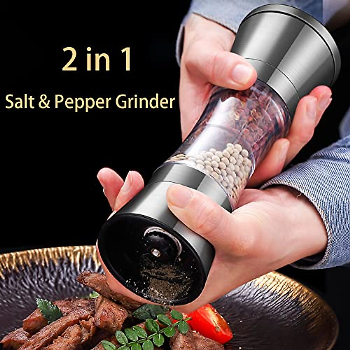 Salt and Pepper Grinder Set,2023 Newest 2 in 1 Salt and Pepper Shakers,Stainless Steel Shakers With Adjustable Coarse Mills,Pepper Shaker Spice Grinder Kitchen Chef Gift,Gift Ideal for Housewarming