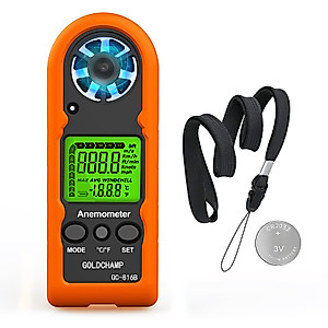 GOLDCHAMP Mini Anemometer Handheld, Digital Wind Speed Meter Anemometer Handheld Wind Gauges for Measuring Wind Speed Temperature and Wind Chill for Shooting Windsurfing Fishing Hunting