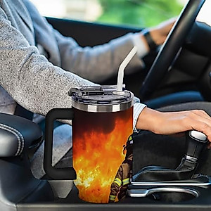 NVBSKKDH Firefighter Fireman Flame 40 Oz Stainless Steel Tumbler with Handle & Straw Double-Walled Vacuum Insulated Travel Mug for Hot/Cold Drinks, Reusable Thermal Cup for Car Cup Holder