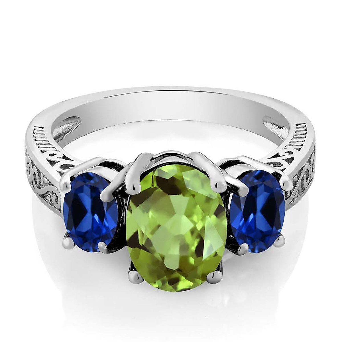 Gem Stone King 925 Sterling Silver Green Peridot and Blue Created Sapphire 3 Stone Ring For Women (2.71 Cttw, Gemstone Birthstone, Available In Size 5, 6, 7, 8, 9)