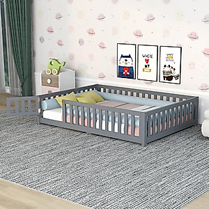 Bellemave Full Size Floor Bed with Fence for Kids,Wood Floor Bed Frame with Door,Removable Slats and Safety Guardrails,Montessori Floor Bed for Girls Boys(Full,Gray)