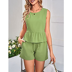 Bozanly Women's Summer 2 Piece Outfits Sleeveless Ruffle Crop Tank Top High Waist Wide Leg Shorts Sets(0680-Green-XL)