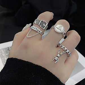 Adjustable Belt Buckle Rabbit Engraved Lucky B Chain Rings Set Silver For Women Goth Viking Kpop Punk Vintage Open Stackable Ring Set For Daughter Mom Jewelry