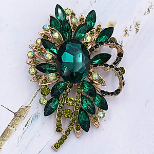 SELOVO Huge Big Large Flower Bow Brooch Decoration Green Scarf Pin Gold Tone