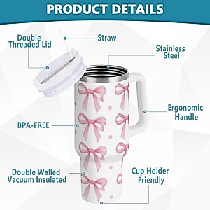 PaChyLuu 40 oz Insulated Tumbler with Handle and Straw Lid, Elegant Bows Leak-Proof Stainless Steel Travel Coffee Mug for Car Cup Holder