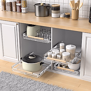 FESDOS Expandable Pull Out Cabinet Organizer Heavy Duty Under Sink Storage Basket Slide Out Cabinet Shelves Sliding Drawer Storage For Kitchen, Bathroom, Wardrobe, Wire Frame, Chrome Finish, Set of 1