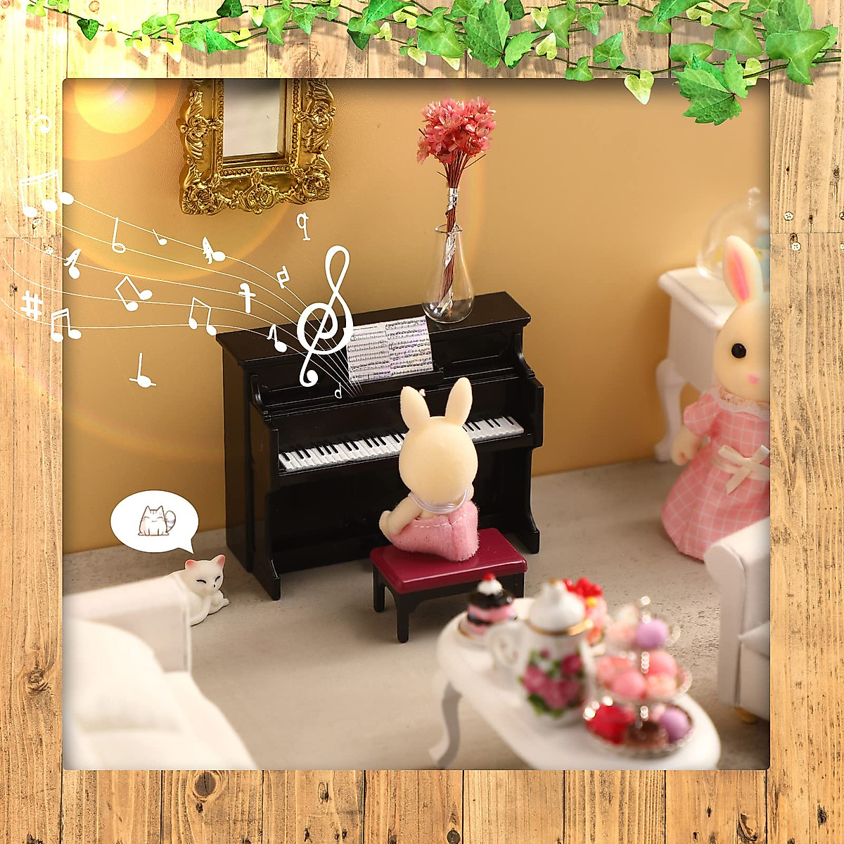 61 Pcs 1:12 Scale Dollhouse Sofa Accessories Set Dollhouse Food Miniature Dollhouse for Living Room Furniture Include Porcelain Tea Kits Mini Kitchen Food Tiny Piano for Doll Toy House (White)