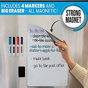 17x11 Stain-Resistant Magnetic Whiteboard for Fridge - Includes 4 Markers and Big Eraser with Magnets - Magnetic Dry Erase Board | Refrigerator White Board Organizer and Planner