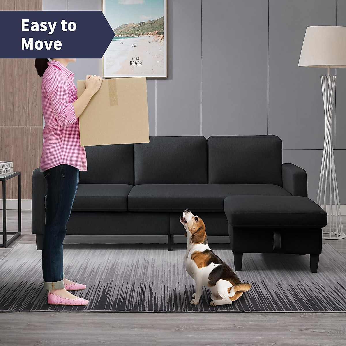 Zafly Convertible Sectional Sofa Couch with Movable Storage Ottoman Chaise, Living Room 3 Seat L-Shaped Sofá, Modern Linen Fabric Home Sofa -Dark Gray