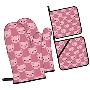 Pink Pig Oven Mitts and Pot Holders Set of 4 Washable Heat Resistant Kitchen Gloves Waterproof Oven Gloves and Hot Pads for Cooking Grilling BBQ Baking