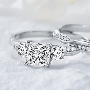 1-1/4 Carat(ctw) Princess Cut Engagement Rings for Women White Gold 3 Stone Moissanite Engagement Rings Platinum Plated Silver 10K 14K 18K Gold Wedding Anniversary Promise Rings with Text Engraving(Platinum Plated Silver)