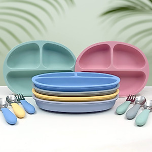 Elk and Friends Silicone Suction Plate for Babies/Toddlers + Stainless Steel Silverware Feeding Set | Divided Plate | Suction Design | Forks + Spoons Included | 3 Pack