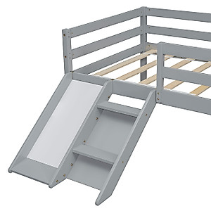 Twin Low Loft Bed with Slide, Ladder & Safety Guardrails, Wood Loft Bed Frame for Kids Teens Boys & Girls, No Box Spring Needed,Grey
