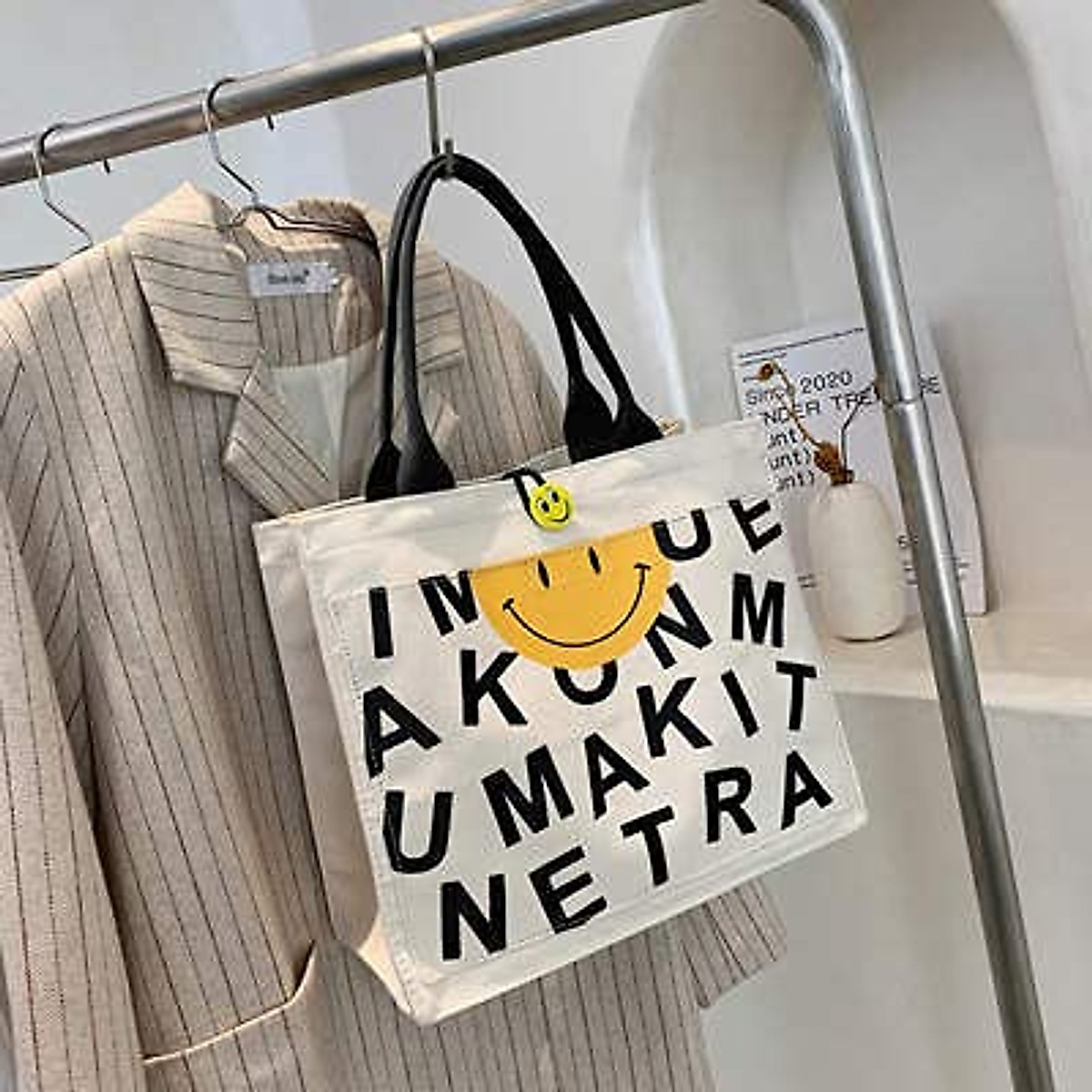 ROUGH & RAW, Tote Bag with Letter Smile Colorful Straps Shoulder Bag Canvas Single Shoulder Smile Face Bag Women`s Handbag Shopping Bags