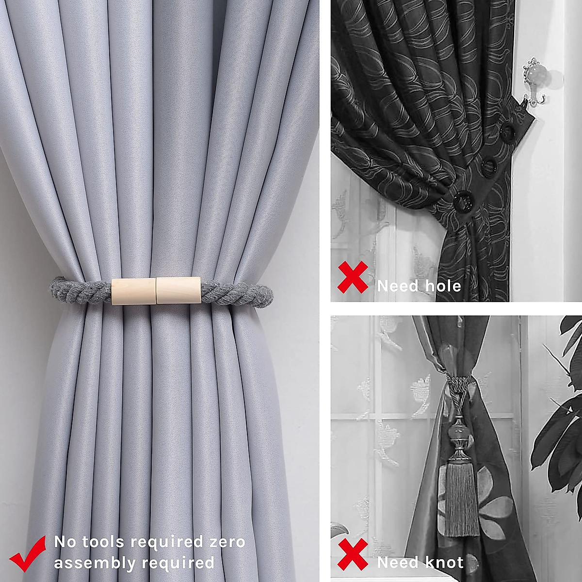 NICEEC 2 Pack Wooden Magnetic Curtain Tiebacks Boho Home Decoration Drape Tie Backs Natural Cotton Handmade Rope Curtain Holdbacks for Thin or Thick Home & Office Window Drapery (Grey)
