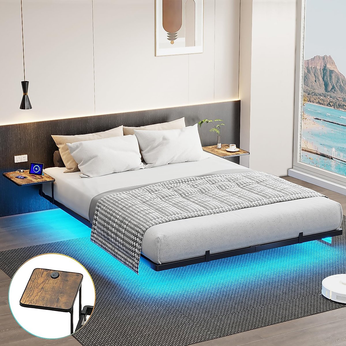 Bigu Floating Bed Frame with LED Lights Metal Platform with 2 Bedside Tables and Charging Station, Queen