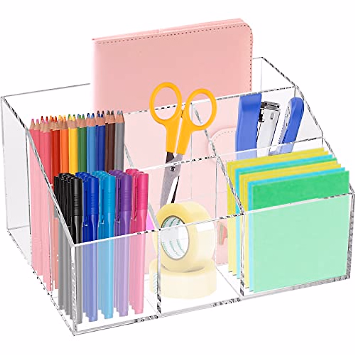 Dicunoy Acrylic Desk Organizer, Clear Stationary Pen Holder for School, 7 Compartments Pencils Storage Rack for Classroom, Artist, Student, Office, Craft Room Supplies Organization