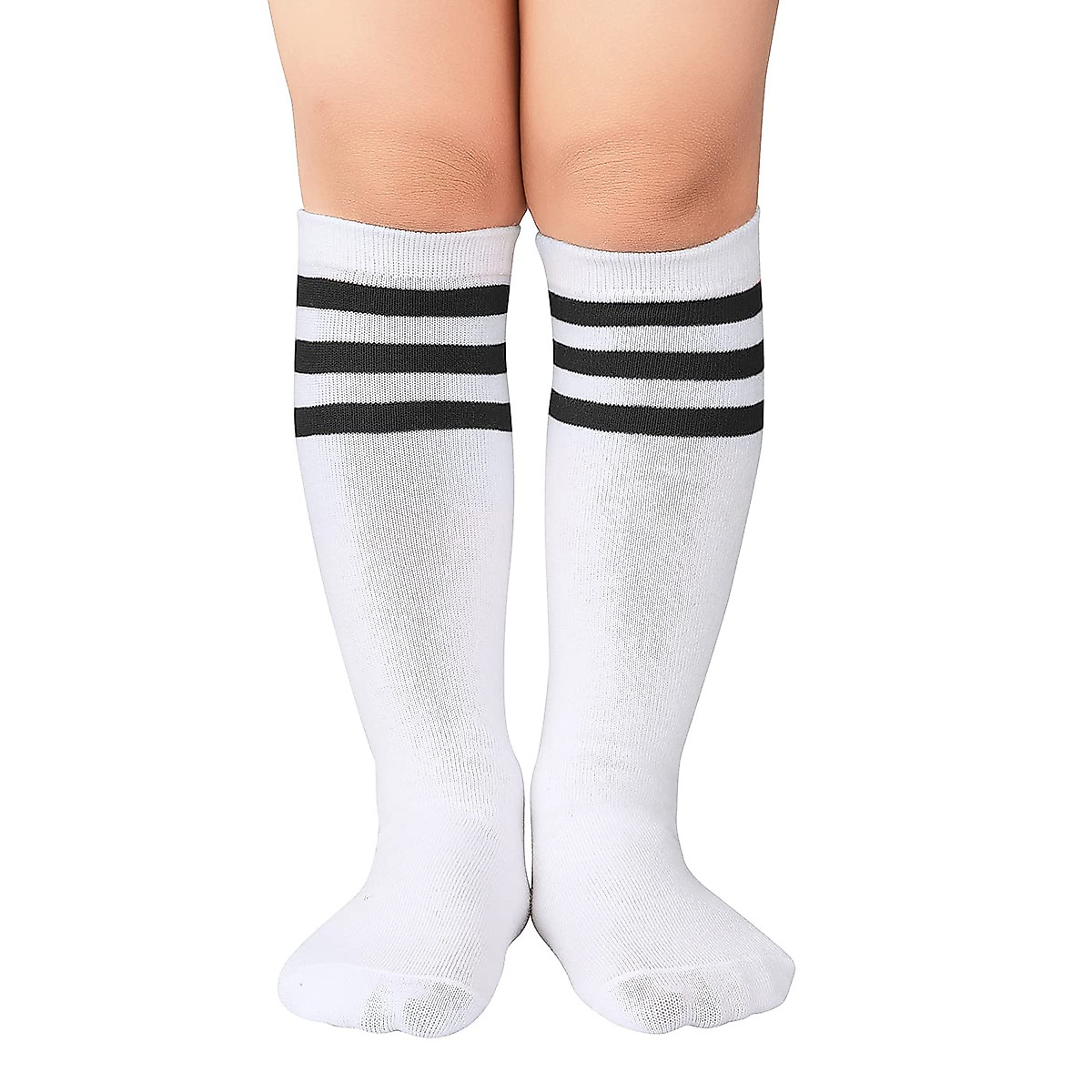 Zando Kids Child Cotton Three Stripes Sport Soccer Team Socks Uniform Tube Cute Knee High Stocking for Boys Girls 1 Pairs White Black One Size
