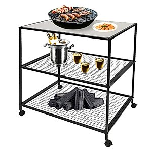RIAHNEAH Outdoor Grill Cart with Wheels, Picnic Table with 3 layerStorage Shelves, Movable Dining Cart Worktable Trolley for BBQ, Portable Dining Cart Patio Bar Table