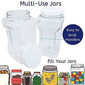 Kelkaa 1 Gallon Clear PET Plastic Square Wide Mouth Jars with Grip Handle and White Ribbed Lined Caps, BPA Free, Multi-Use Containers, Household Dried Food Canisters, Made in the USA (Pack of 2)