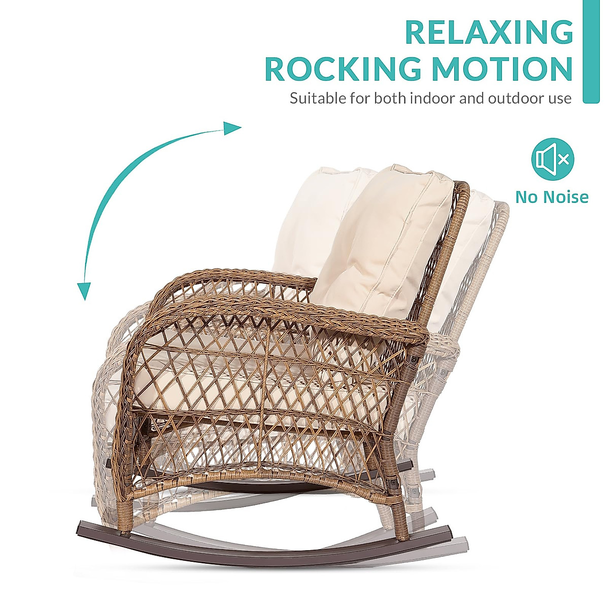 MEETWARM Outdoor Wicker Rocking Chair, Rattan Patio Rocker Chairs with Cushions and Steel Frame - Beige
