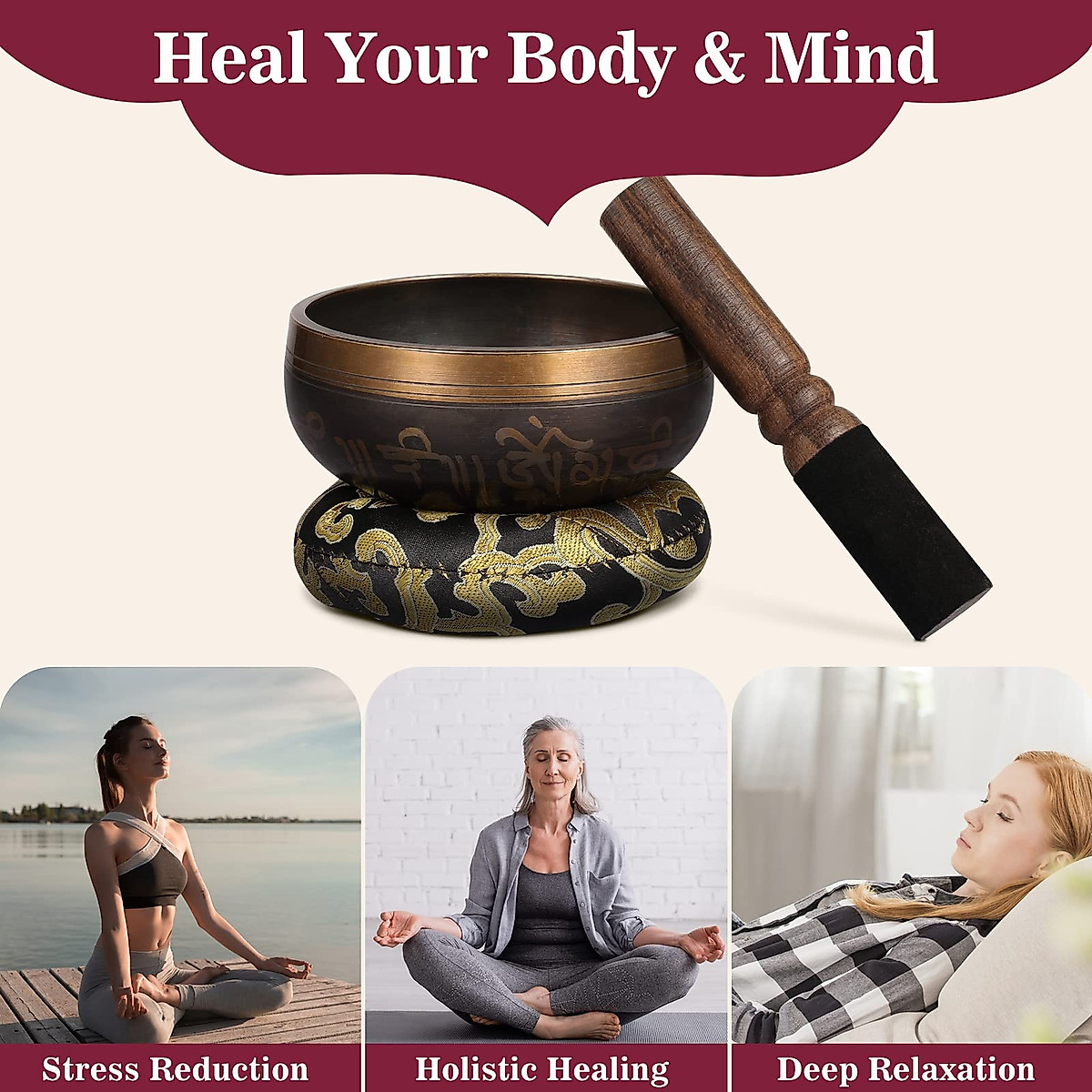 Sovvid Tibetan Singing Bowl Set - 4inch Meditation Sound Bowl Handcrafted in Nepal for Healing and Mindfulness Unique Large Sound Bowl with Dual End Striker and Cushion Relaxation Gifts for Women Men